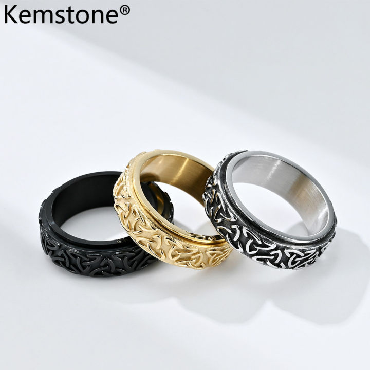 Kemstone Rotatable Stainless Steel Triangular Viking Ring Male Relieve ...