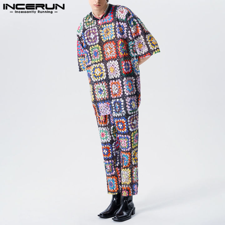 INCERUN Mens Floral Lace Outfit Suit Short Sleeve Hollow Out T Shirt ...