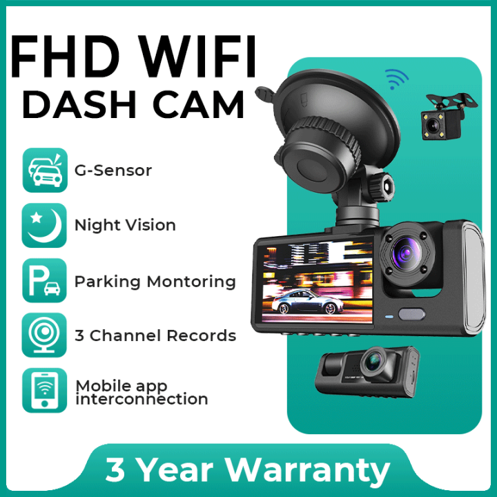 1080P FHD 3 Lens Dashcam for Car Front & Inside & Rear WiFi Camera ...