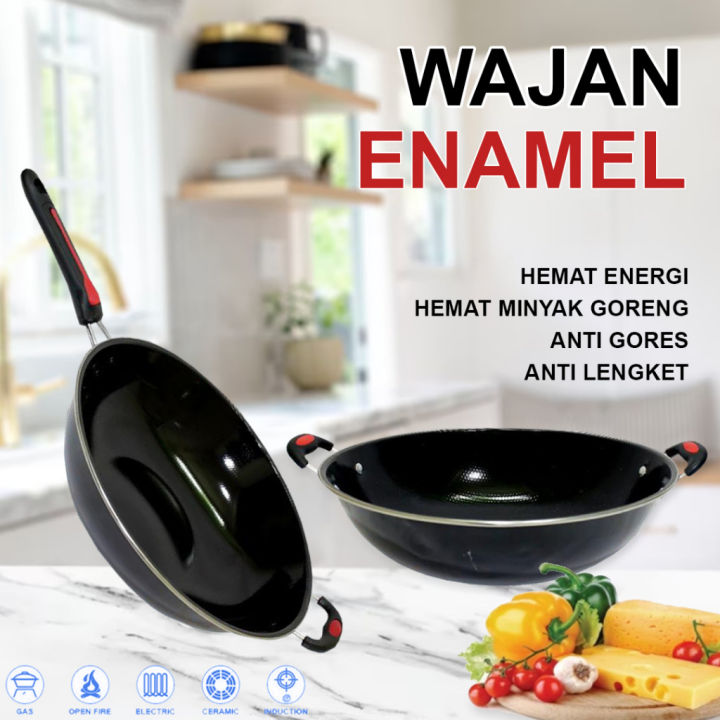 WAJAN ENAMEL PANCI HITAM KUPING GAGANG PANJANG WAJAN ANTI LENGKET ANTI ...