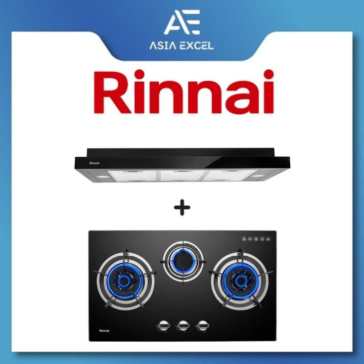 RINNAI RH-S329-PBR 90CM SLIMLINE HOOD + RINNAI RB-783G FLEXIHOB 78CM 3 BURNER GLASS BUILT-IN GAS ...