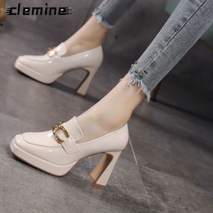 Clemine รองเท้าส้นสูง ส้นสี่เหลี่ยม,ส้นหนา,รองเท้าผู้หญิงโลหะสีทึบระดับ ...