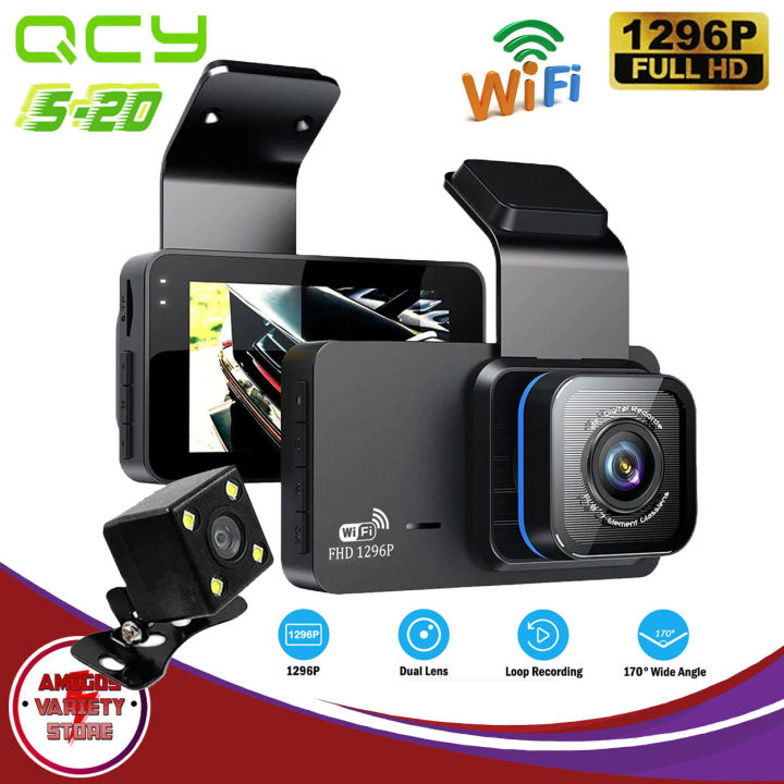QCY S20 Dashcam WiFi 1296+1080P Full HD Car Camera Recorder Dual Lens ...