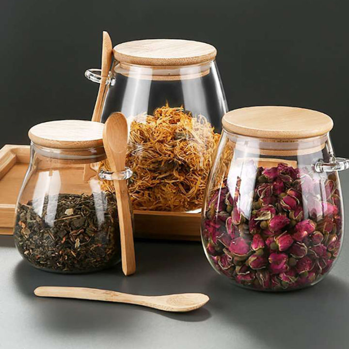 container, sealed borosilicate glass bamboo spice jar with bamboo lid ...