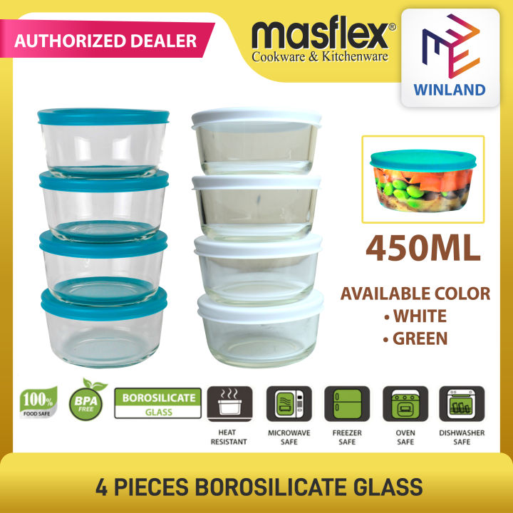 MASFLEX 4 Pieces Borosilicate Glass 450ml Food Container with Lid FE ...