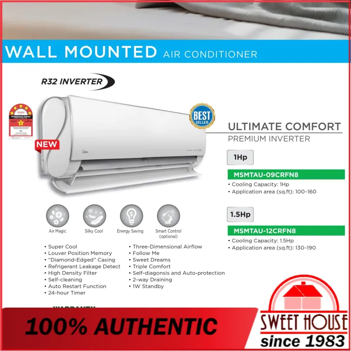MIDEA ULTIMATE COMFORT PREMIUM INVERTER AIRCOND MSMTAU-09CRFN8 1.0hp (R32) - 5star Energy Saving ...
