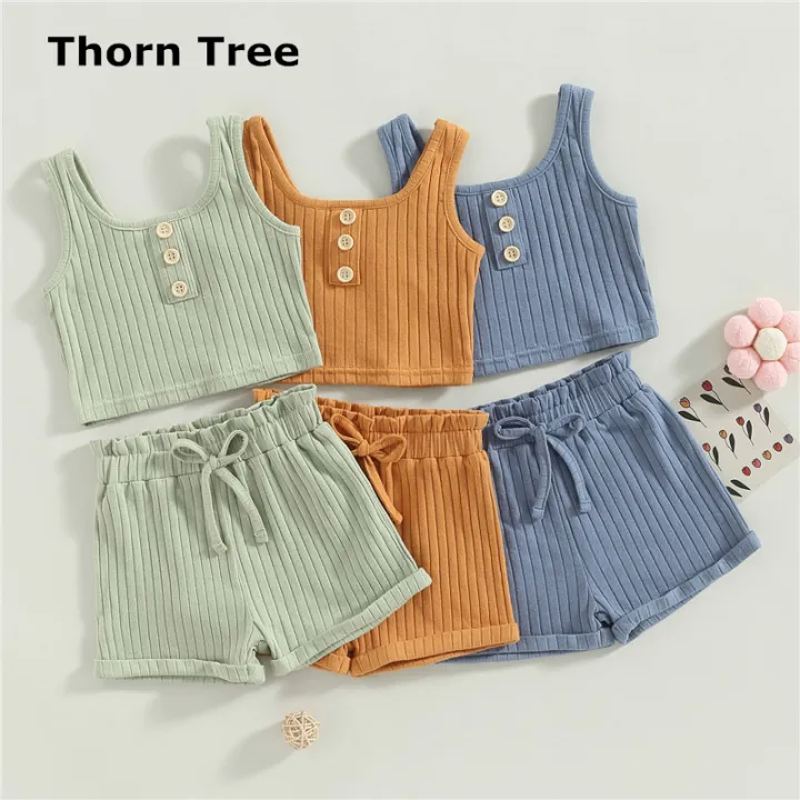 Thorn Tree 2Pcs Toddler Girls Summer Outfit Sets Solid Color Button ...