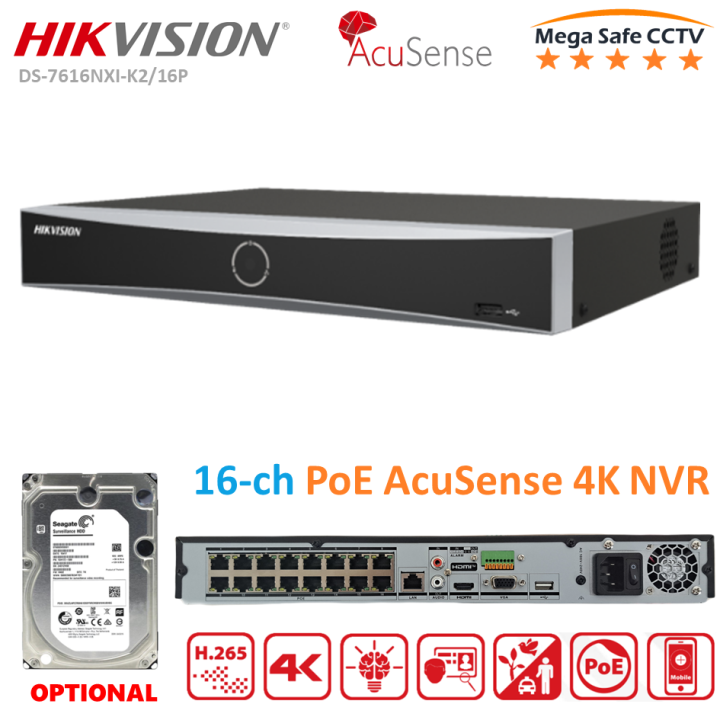 HikVision DS-7616NXI-K2/16P 16Channel 16 PoE AcuSense 4K NVR, 2 SATA Interfaces, 160mbps ...