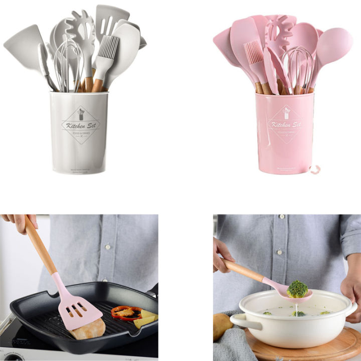 【Special Edition】 Creative Pink Wooden Handle Silicone Kitchen Utensils ...