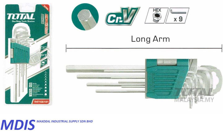 TOTAL THT106191 9pcs Long Arm Hex Key Set 1.5mm to 10mm Allen Key Set ...