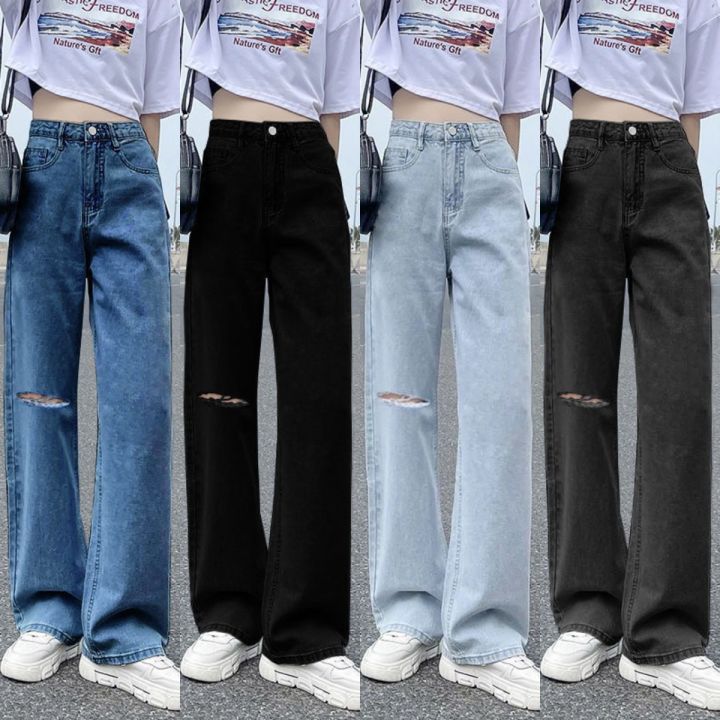 CYGY-💥มีไซส์ S-2XL💥กางเกงยีนส์ เอวสูง ขาบานแบบขาดๆ สไตล์เกาหลี กางเกง ...
