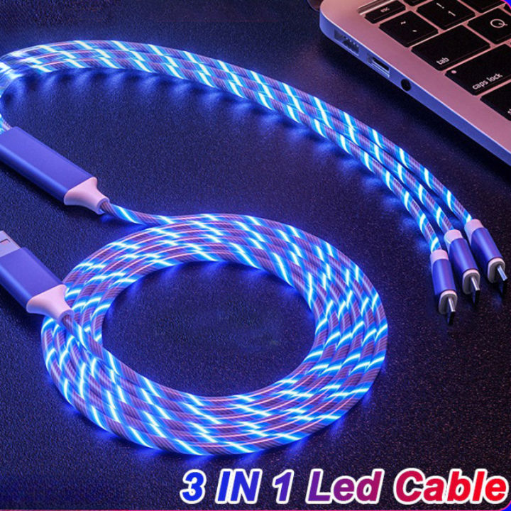 3 in 1 Fast Charger Flowing Colors LED Glow Usb Cable Quick Charge ...