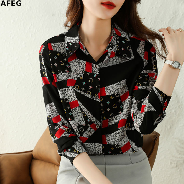 AFEG เสื้อผู้หญิงแขนยาวผ้าชีฟองพิมพ์ลาย,เสื้อแฟชั่นสไตล์เกาหลีทรงหลวม ...