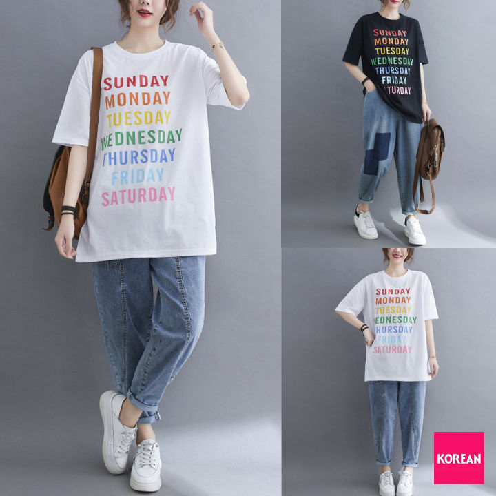 K18💜korean เสื้อยืดคอกลมสกรีนลายวันภาาอังกฤษ Monday Sunday 2 สี