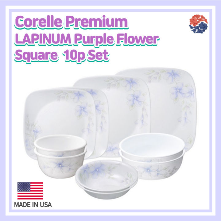 CORELLE PREMIUM LAPINUM Purple Flower Square 10p set /Corelle USA set ...