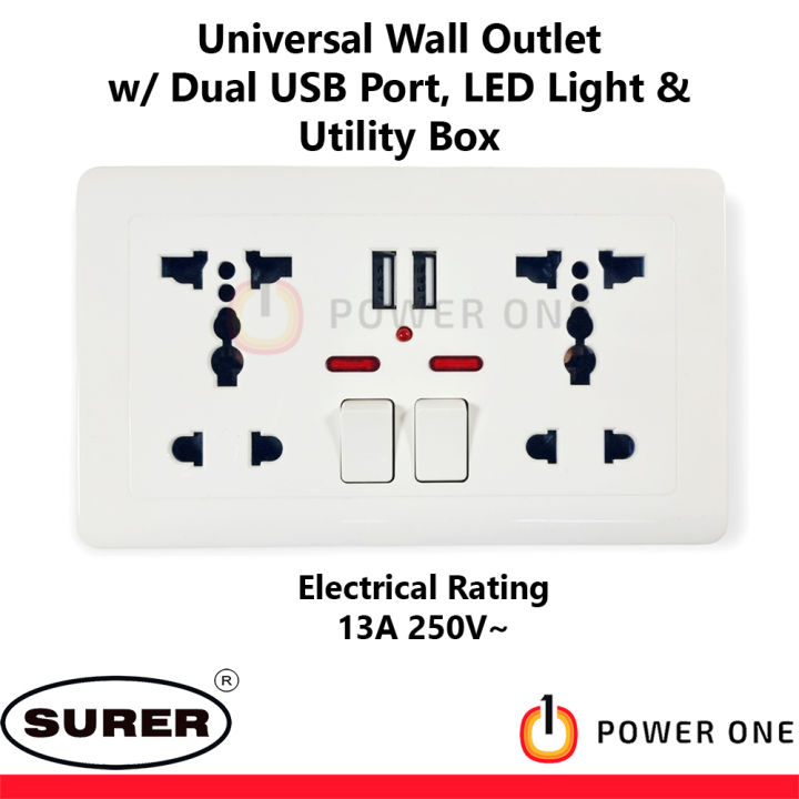 Surer 146 4 Gang Universal Wall Outlet Socket w/LED Light Switch 2.1A ...