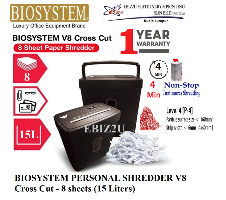 BIOSYSTEM PERSONAL SHREDDER V8 Cross Cut - 8 sheets (15 Liters) (Paper ...