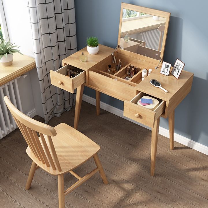 Nordic Solid Wood Dressing Table Bedroom Flip Multi-Functional Storage ...