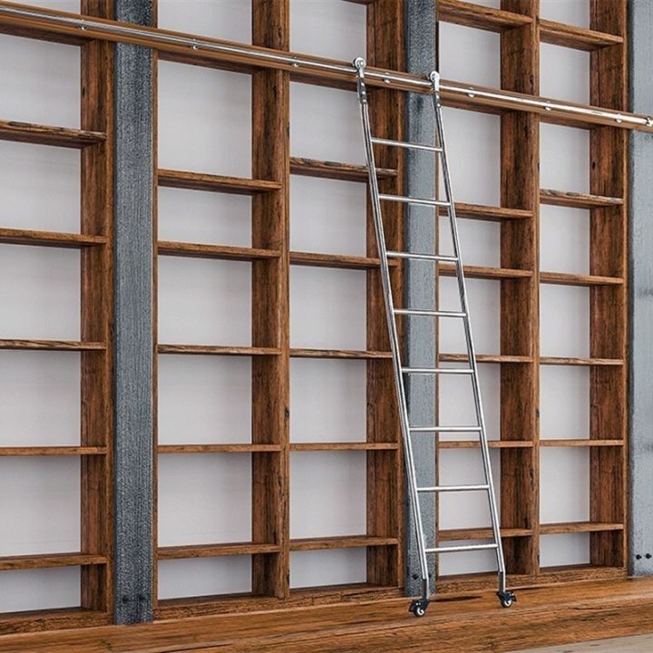 Stainless steel bookcase ladder moving slide straight ladder bookcase ...