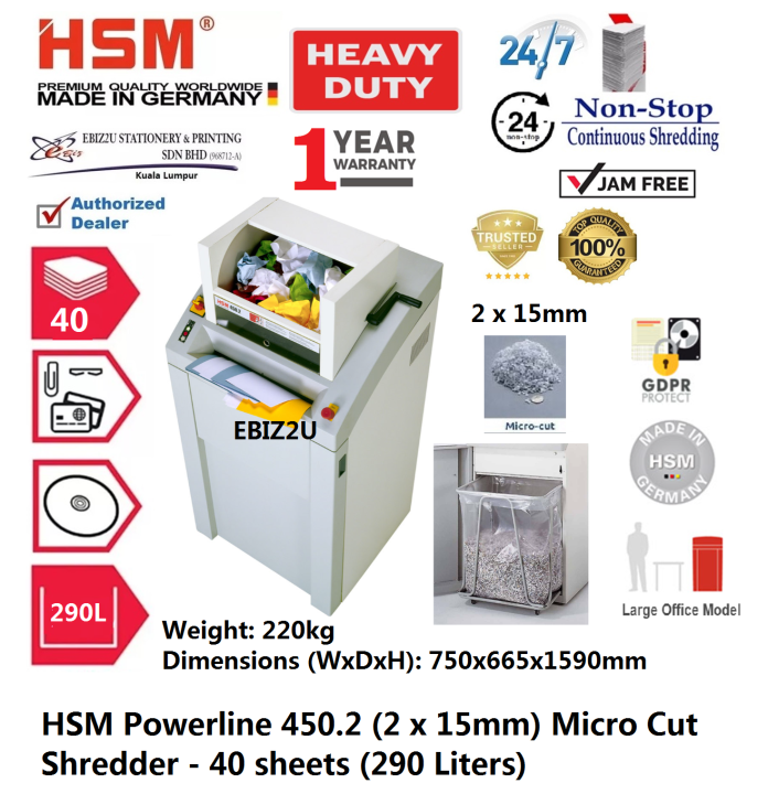 HSM Powerline 450.2 (2 x 15mm) Micro Cut Shredder - 40 sheets (290 ...