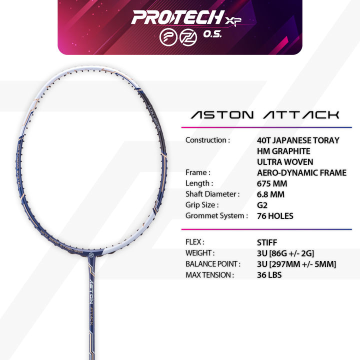 PROTECH Badminton Racket - Aston Attack (3U) (MAX 36LBS) (FREE String ...