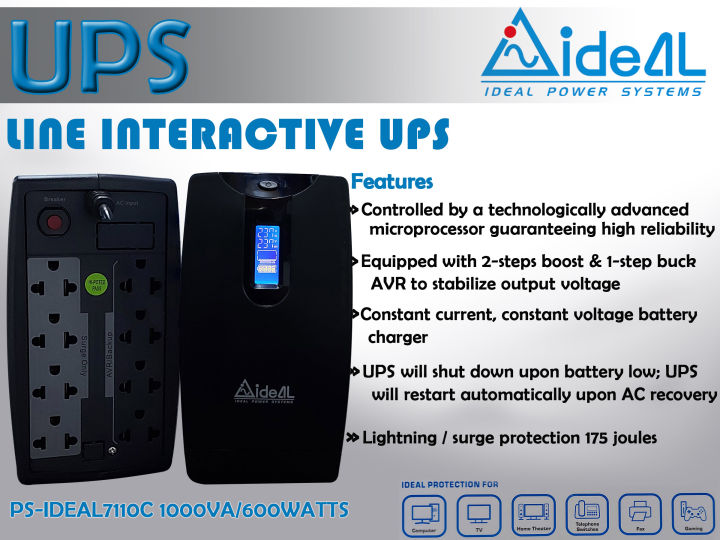 Ideal UPS 1000VA / 600Watts model 7110C with AVR and LCD Display (Black ...