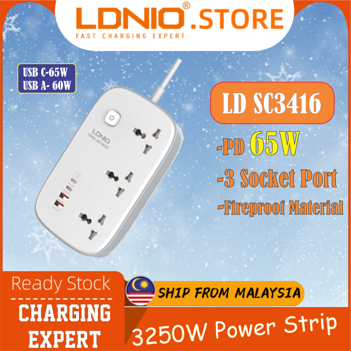 Ldnio Power Strip 3 Universal Socket SC3416 3250W GaN Charger 2 PD 65W ...