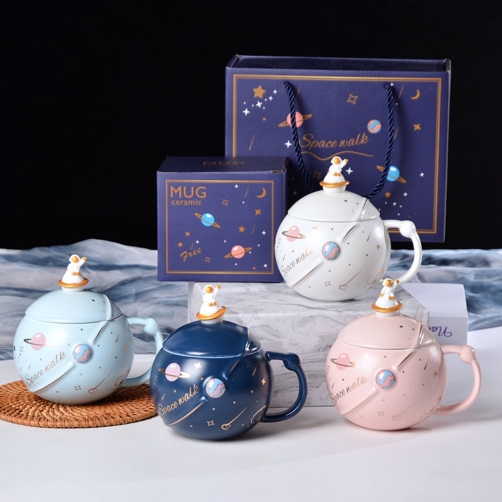 Planet Space Astronaut Ceramic Mug / Cup (with Lid and Spoon) Gift Pack ...