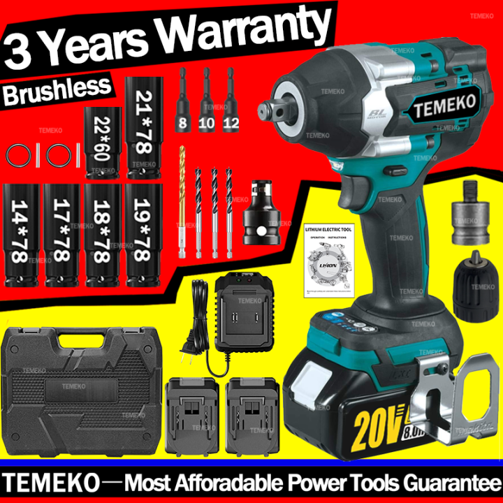 TEMEKO 12.0h Super Torque Electric Impact Wrench Cordless Brushless Impact Ratchet Wrench With 2 ...