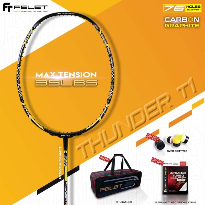 Felet Thunder T1 35lbs [Foc String&Grip& Double bag] Racket Badminton ...