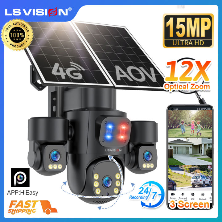 LS VISION 15MP 3 PTZ Screen 4G AOV Solar CCTV Camera 24/7 Recording ...