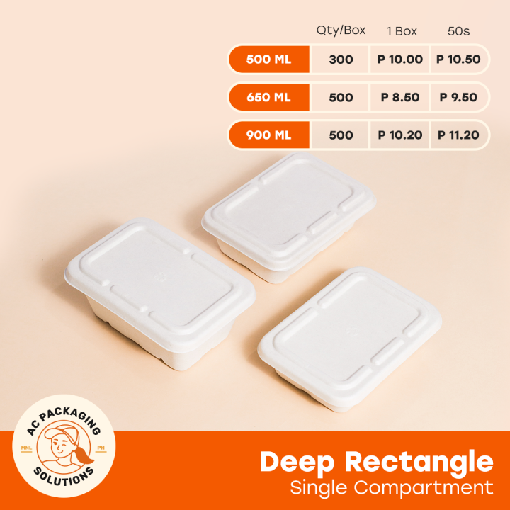 (50 pcs) Deep Rectangle 500 ml, 650 ml, 900 ml Sugarcane Bagasse Container with Lid | Lazada PH
