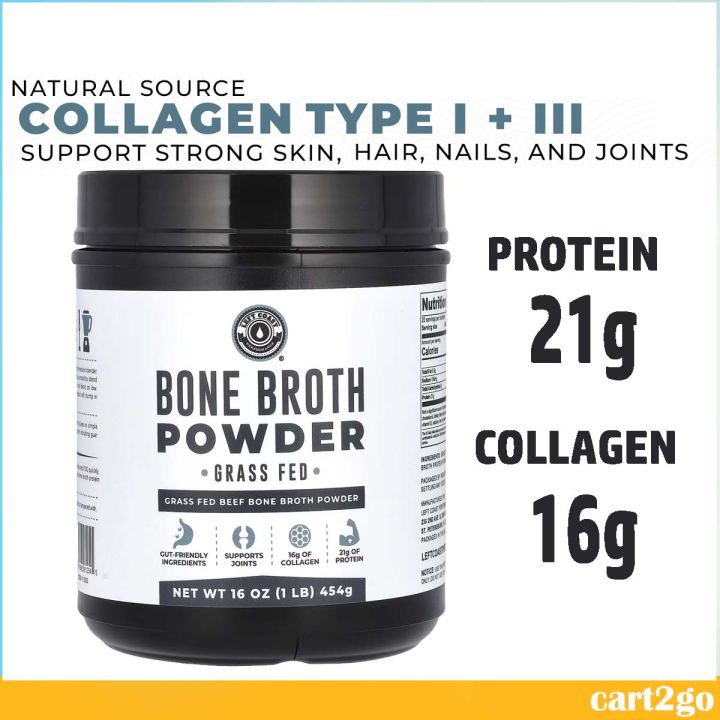 Left Coast Grass Fed Beef Bone Broth Protein 21g Collagen 16g Type I & II Non Gmo Unflavored ...