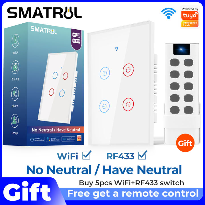SMATRUL WiFi & 433MHz RF Wall light Switch, NO Need Neutral Wire, White ...