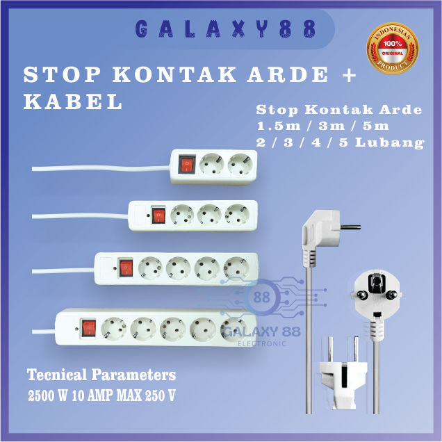 Stop Kontak Arde 2/3/4/5 Lubang + Switch + Kabel 1.5 m, 3 m, dan 5m ...