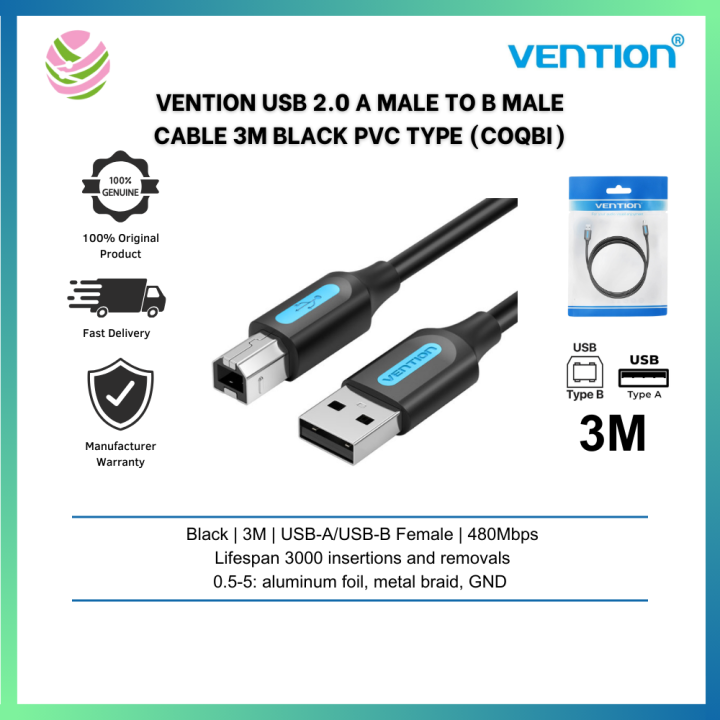 VENTION USB 2.0 A MALE TO B MALE CABLE 3M BLACK PVC TYPE (COQBI) | Lazada