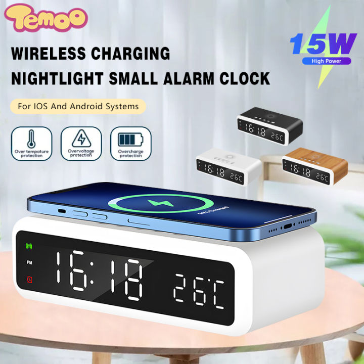 Temoo Multi-Function Wireless Charger Led นาฬิกาปลุกไฟฟ้า Digital Desktop Mirror นาฬิกาปลุก ...