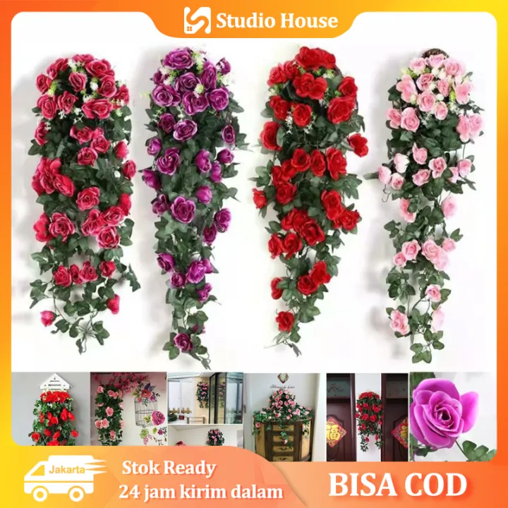 2PC BUNGA RAMBAT MAWAR BESAR | BUNGA WISTERIA HIAS PALSU DAUN DEKORASI ...