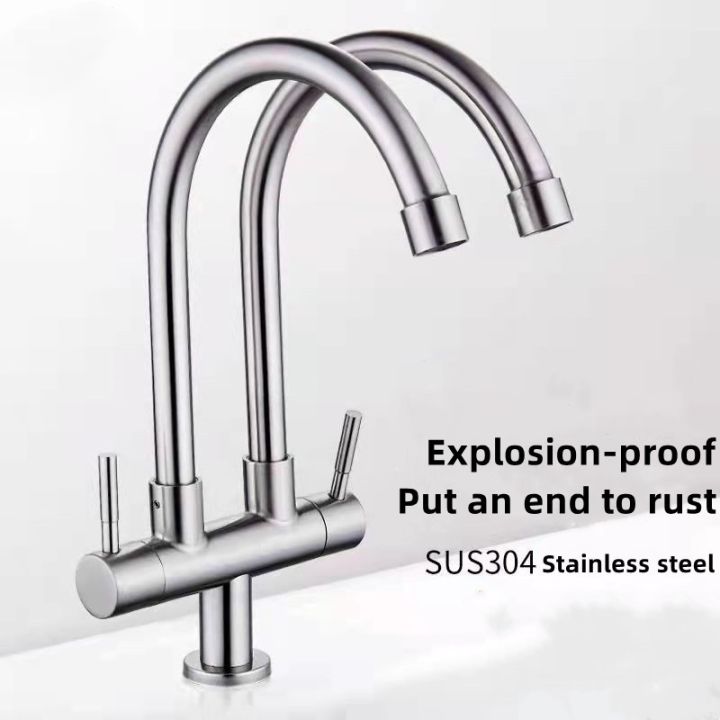 Commercial Kitchen Sink Faucet Double Mixer Tap Brushed Double Hole ...