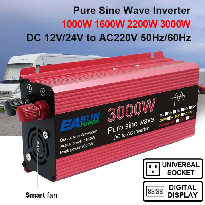 1KW 1.6KW 2.2KW 3KW Power Inverter 12V 220V DC To AC Pure Sine Wave ...
