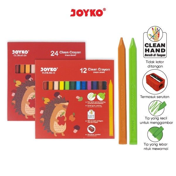 CLEAN CRAYON JOYKO | KRAYON RAMAH ANAK | 12 Warna CLCR-AB | 24 Warna ...