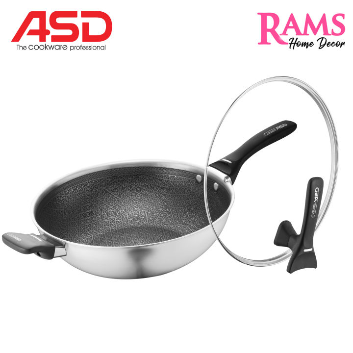 ASD 32cm Induction Non Stick Hybrid 3 Ply Honeycomb Hex Stainless Steel Wok Pan with Self ...