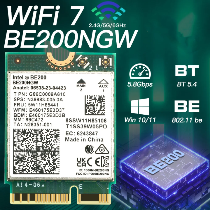 New WiFi 7 Intel BE200 Wireless Wifi Card Bluetooth 5.4 Tri Band 2.4G/5G/6GHz 5.8 Gbps M.2 NGFF ...