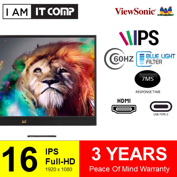 VIEWSONIC VA1655 16” Type-C Portable Monitor 60HZ Refresh Rate Support ...