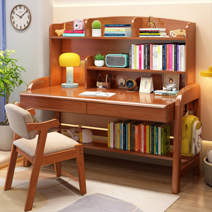 Study Table with Bookshelf Desk Bookshelf Integrated Table Solid Wood ...