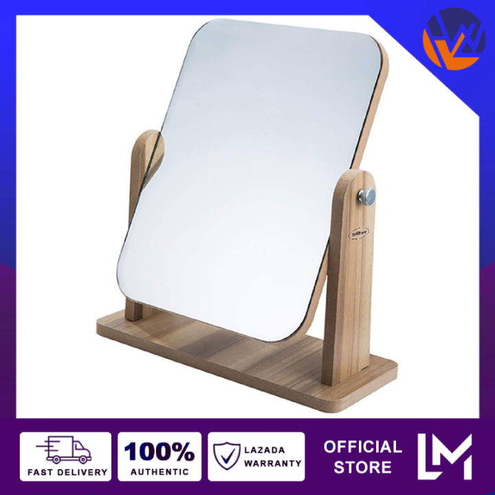 HLW Wooden Desk Mirror 360 Degree Swivel Mirror Single-Sided Makeup ...