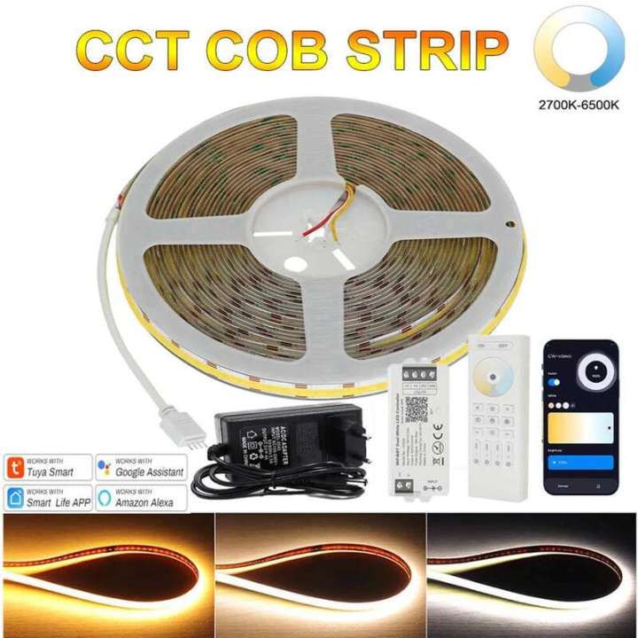 WiFi Tuya CCT 2700K-6500K Dimmable FOB COB Strip 12V 24V Bicolor LED Tape Flexible Light High ...