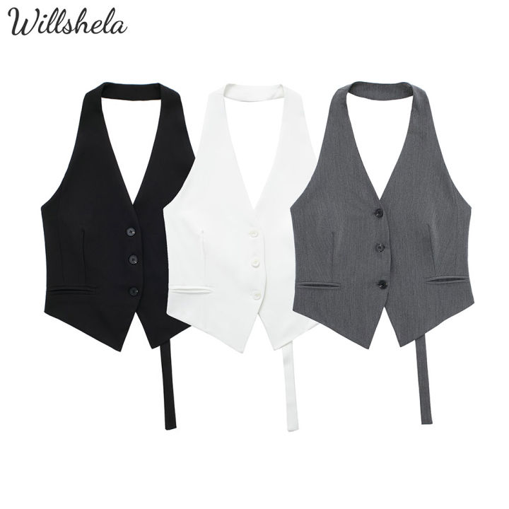 Willshela Women Fashion Black Linen Halter Neck Backless Vest ...