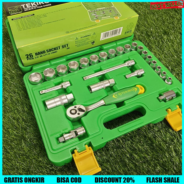 Satu set ! kunci sok set 26 pcs ( 6 - 24 mm ) Tekiro box plastik 3/8 ...