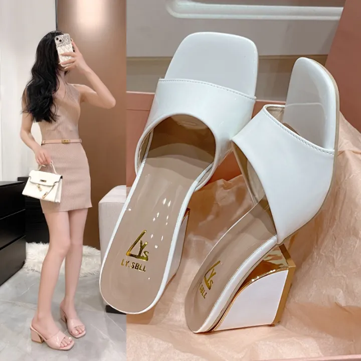 LYS Office sandals for women leather formal elegant 3 Inch chunky heels ...
